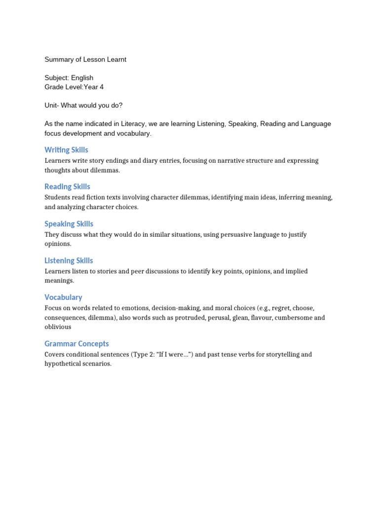 Summary of Lesson Learnt Year 4 | PDF