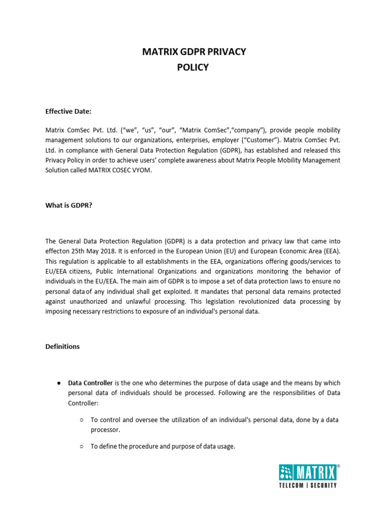 Matrix GDPR Privacy Policy Overview | PDF | Databases | Privacy