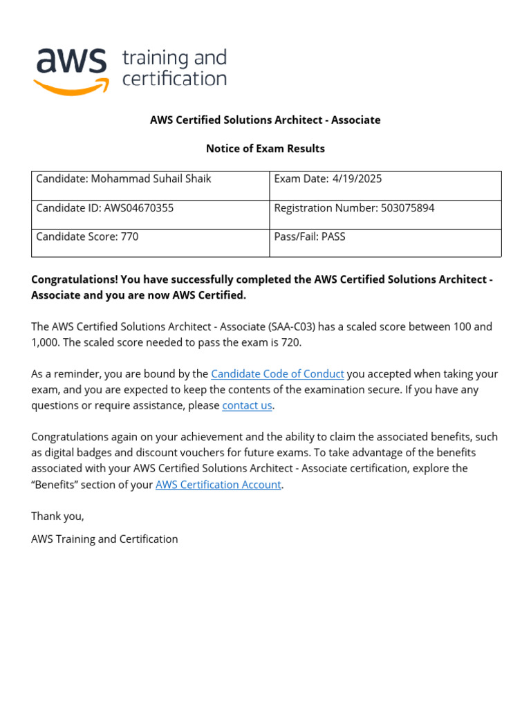 AWS Certified Solutions Architect - Associate Score | PDF | Information ...