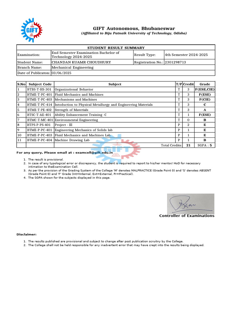 Marksheet of Chandan Kuamr Choudhury - 03-06-2025 | PDF | Physical Sciences | Engineering