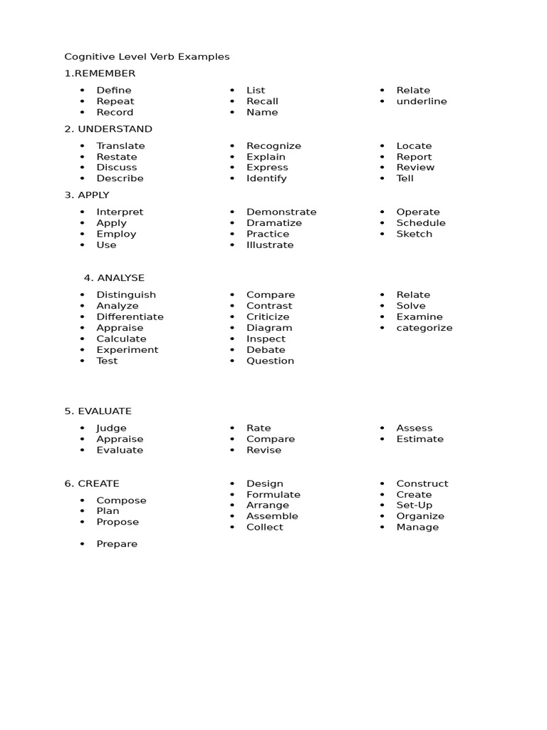 Cognitive Level Verb Examples | PDF