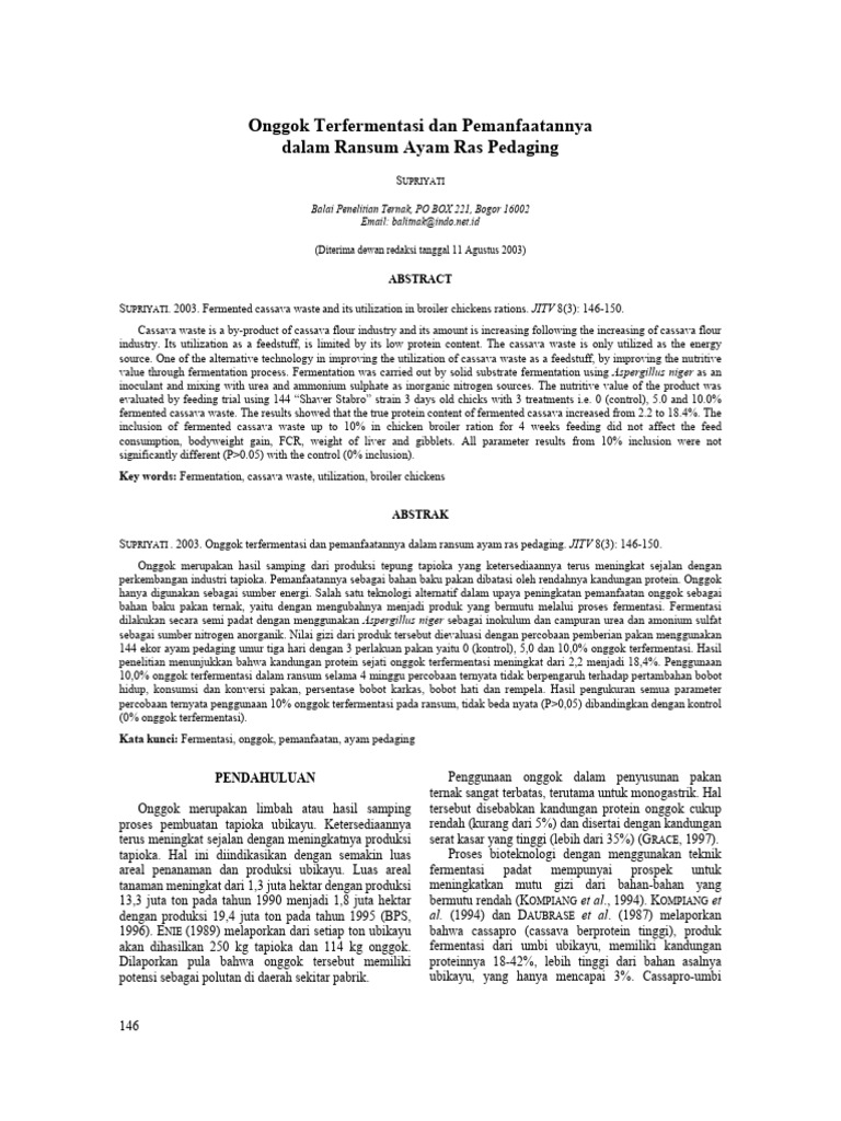 Onggok Terfermentasi Dan Pemanfaatannya Dalam Ransum Ayam Ras Pedaging | PDF
