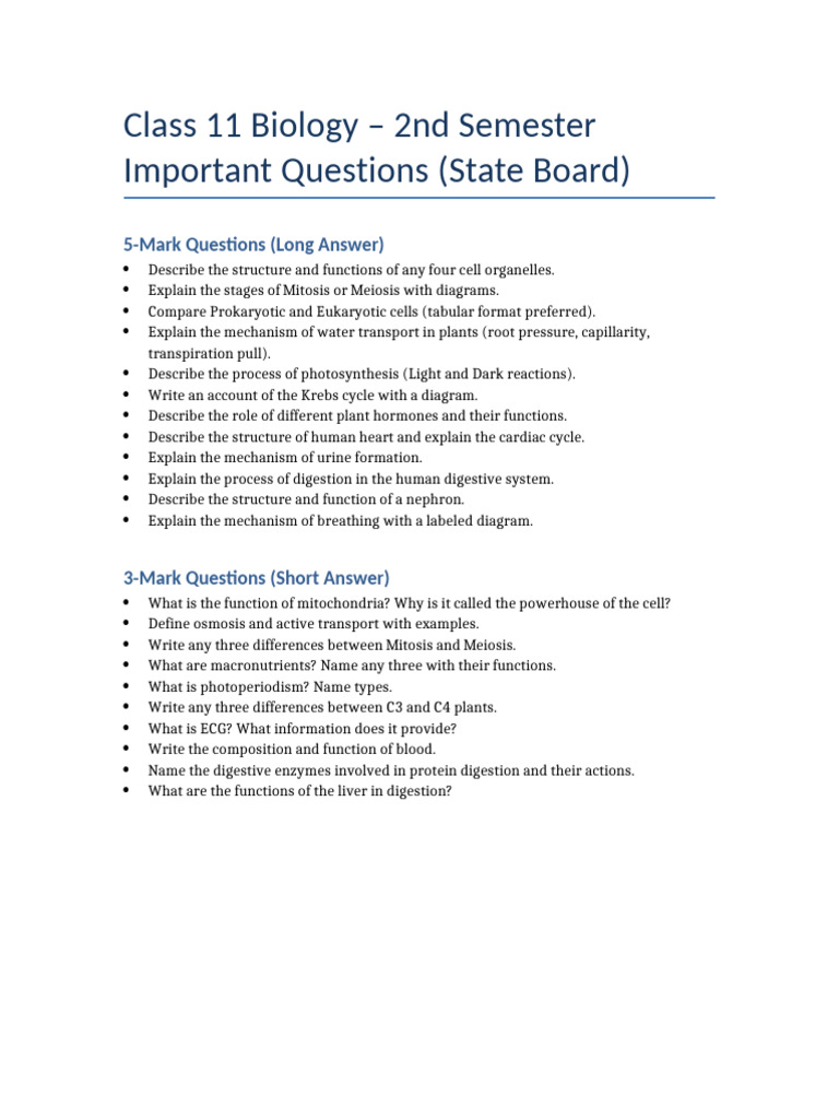 Class 11 Biology Important Questions 2nd Semester | PDF