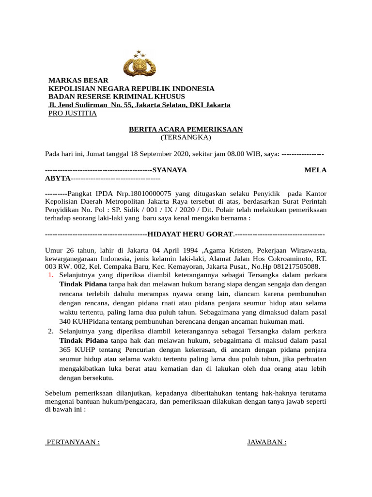 Bap Pembunuhan Praktek Pidana (Syanaya Mela 18010000075) | PDF