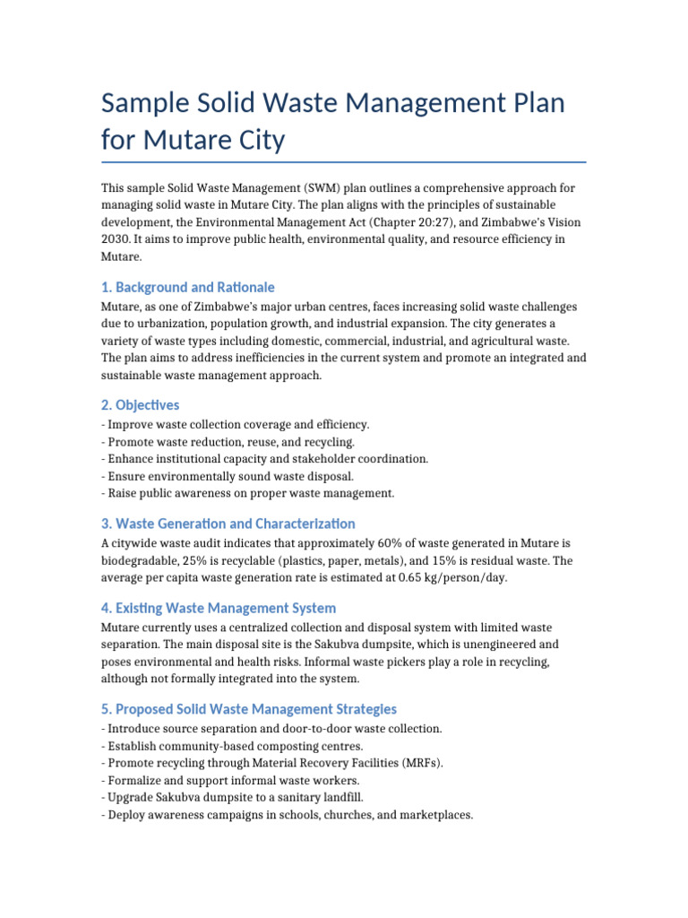 Sample SWM Plan Mutare City | PDF | Waste Management | Waste