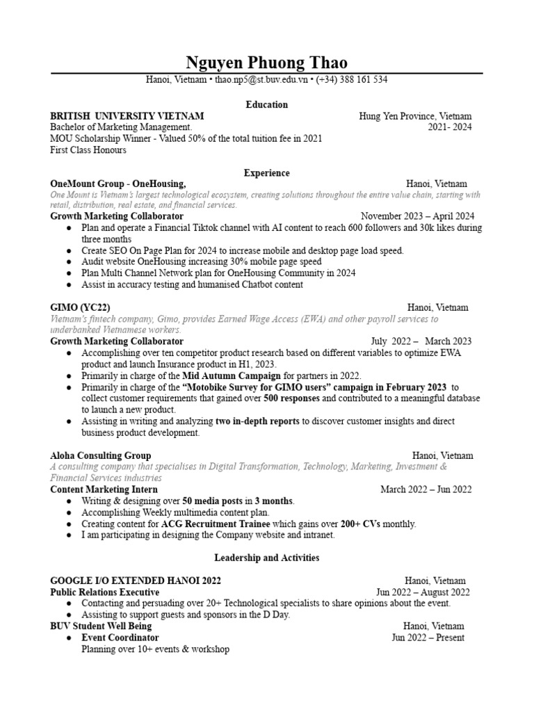 Cv_nguyen Phuong Thao.docx | PDF | Computing