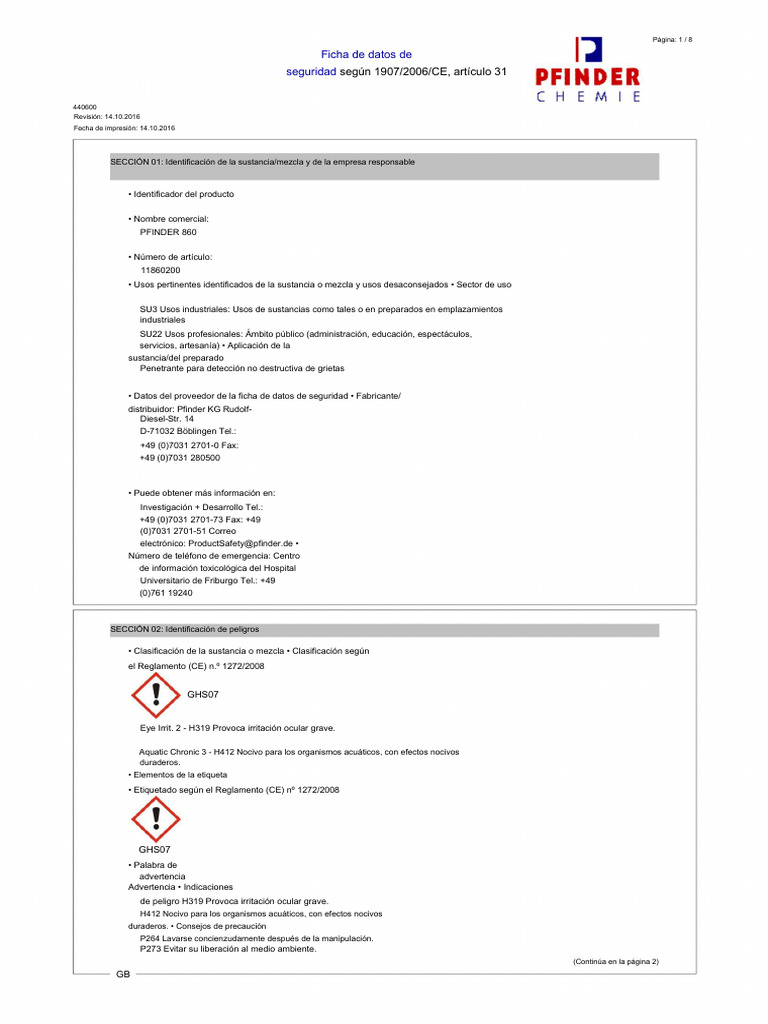 Ficha de Seguridad PFINDER 860 | PDF | Agua | Residuos