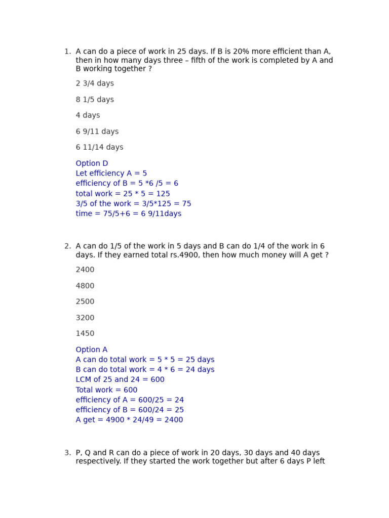 Time and Work Set 25 Solution | PDF