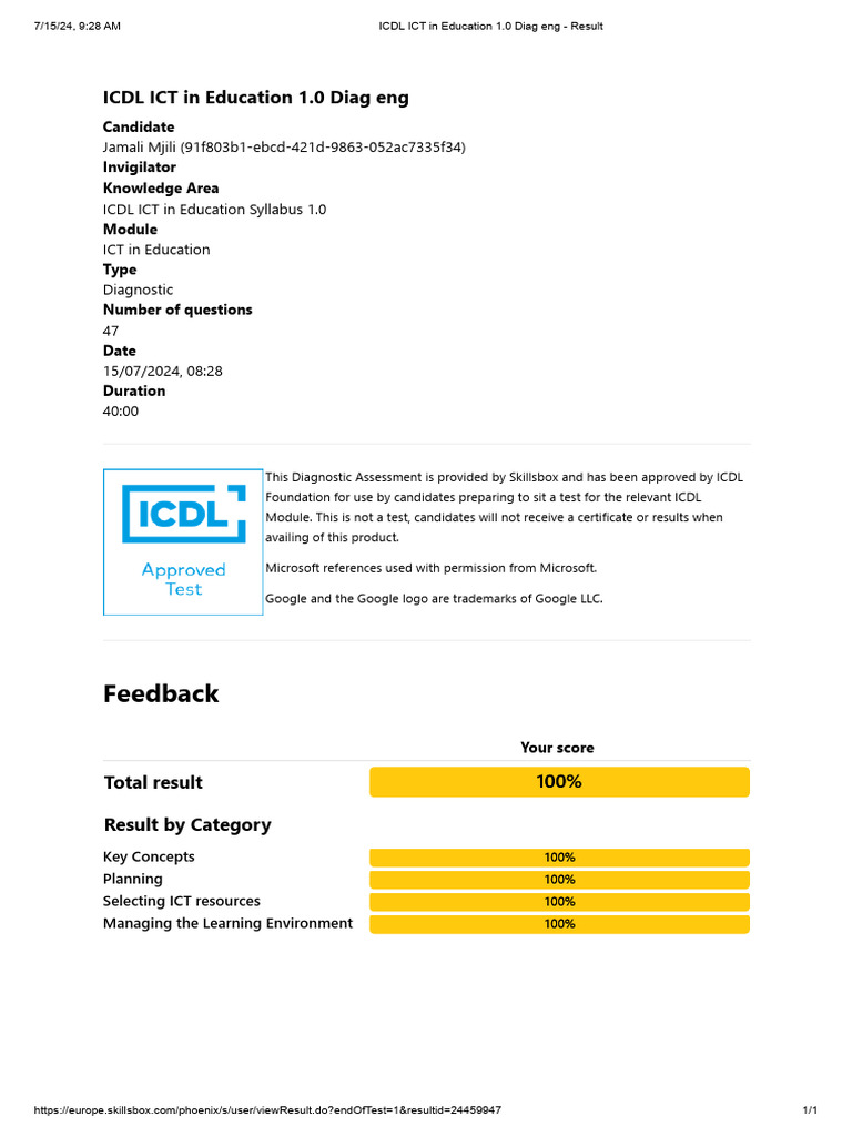 ICDL ICT in Education 1.0 Diag Eng - Result | PDF