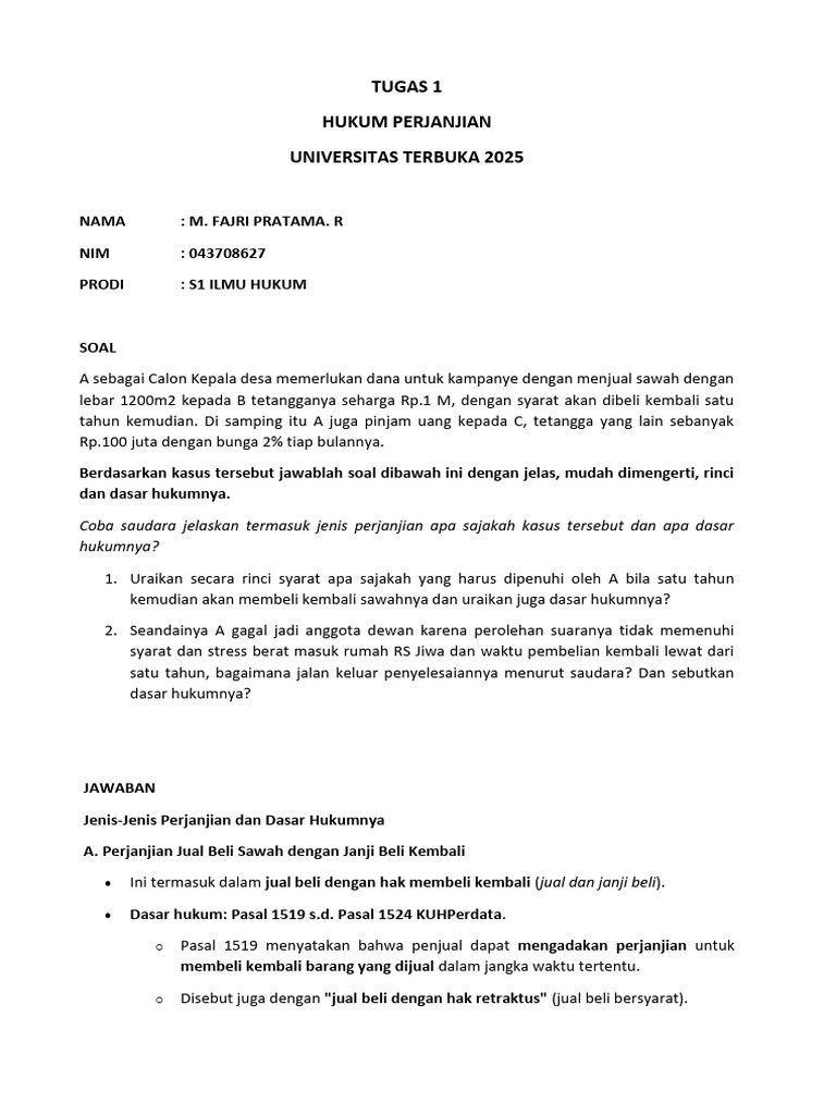 Perjanjian Jual Beli dengan Hak Retraktus | PDF