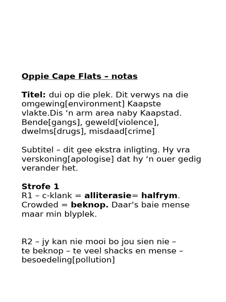 Oppie Cape Flats Notas | PDF