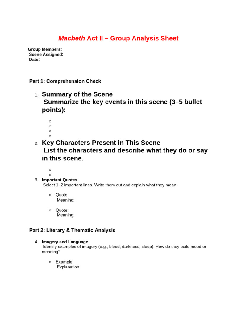 Macbeth Act II - Group Analysis Sheet | PDF