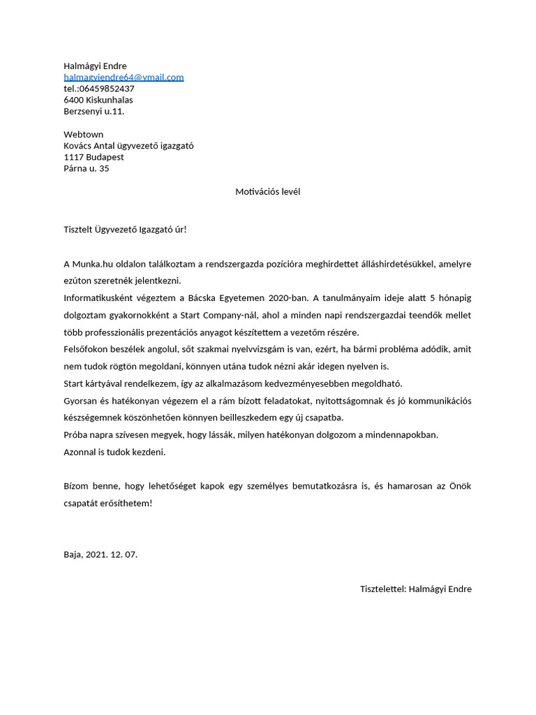Motivációs Levél | PDF