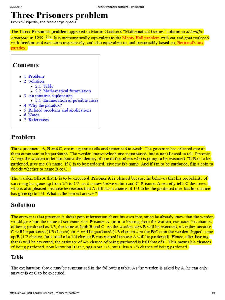 Three Prisoners Problem Explained | PDF | Probability Theory | Probability