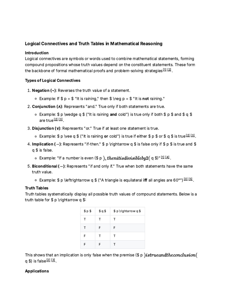 Logical Connectives and Truth Tables in Mathematic | PDF | If And Only ...