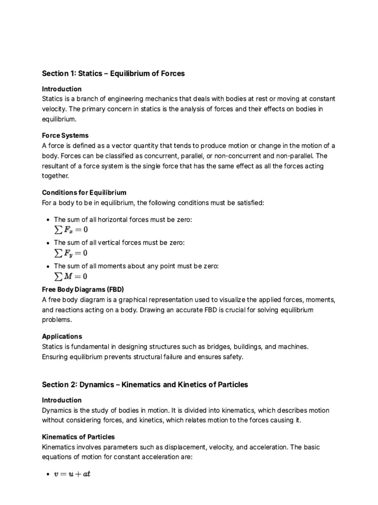 Section 1 - Statics - Equilibrium of Forces | PDF | Force | Stress (Mechanics)