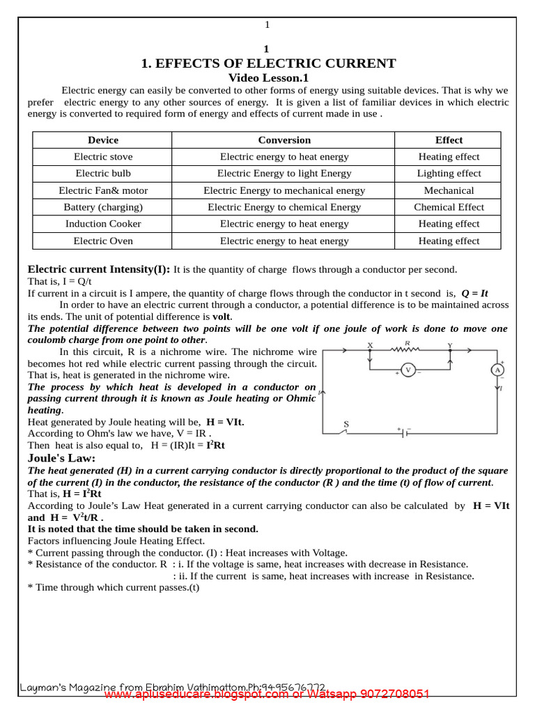 A+ Blog SSLC Physics Chapter 1 Effects of Electric Current em | PDF ...