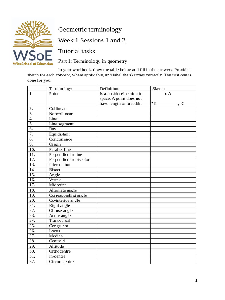 Week 1 Tasks Geometric Terminology | PDF | Euclidean Plane Geometry ...