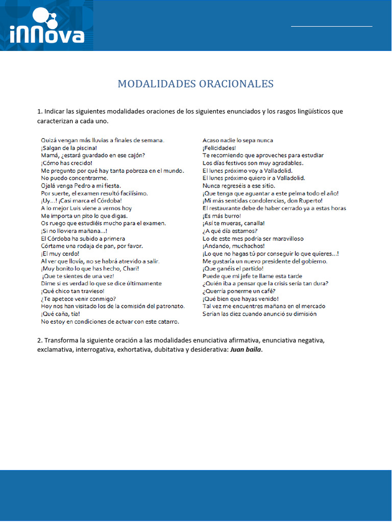 Innova Ejercicios Lengua Modalidades Oracionales | PDF