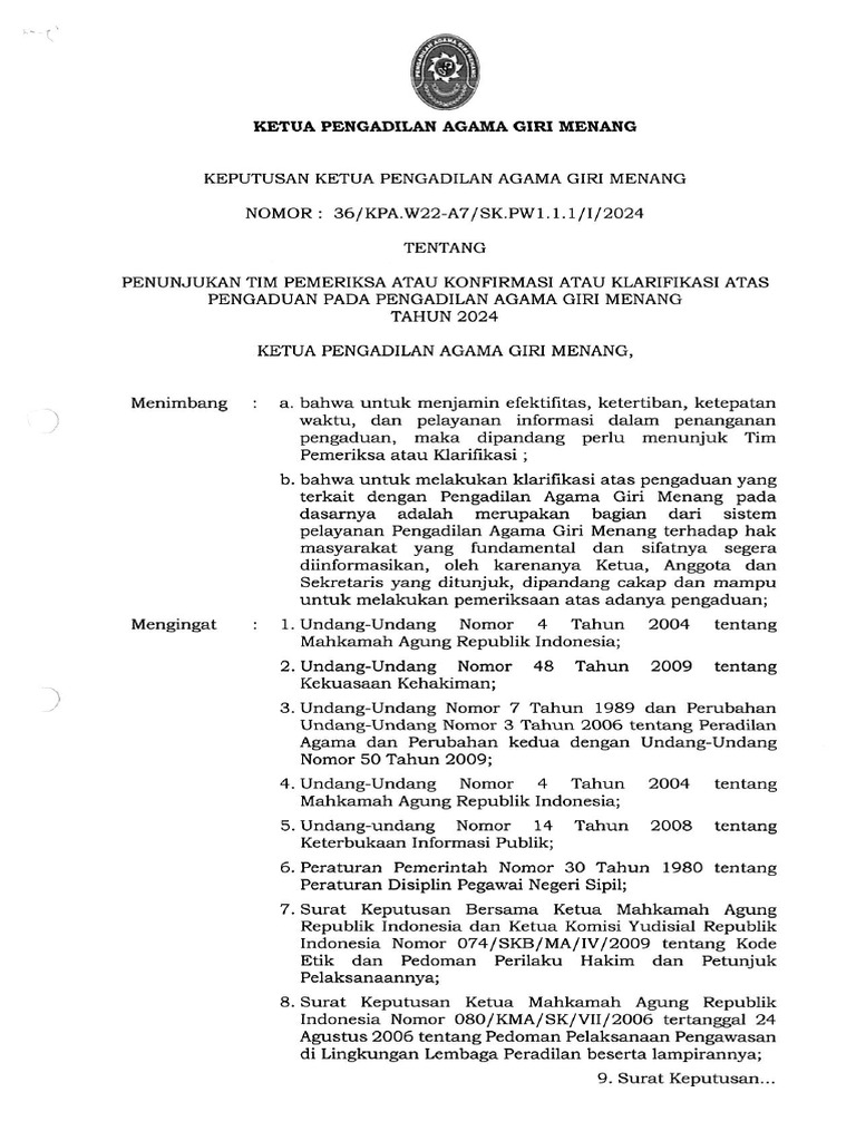 SK Tim Pemeriksa, Konfirmasi, Dan Klarifikasi Pengaduan | PDF