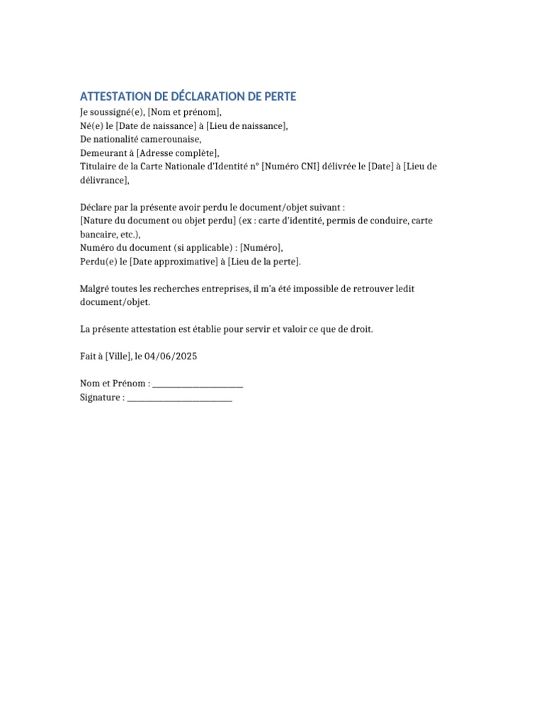 Attestation de perte de CNI au Cameroun | PDF