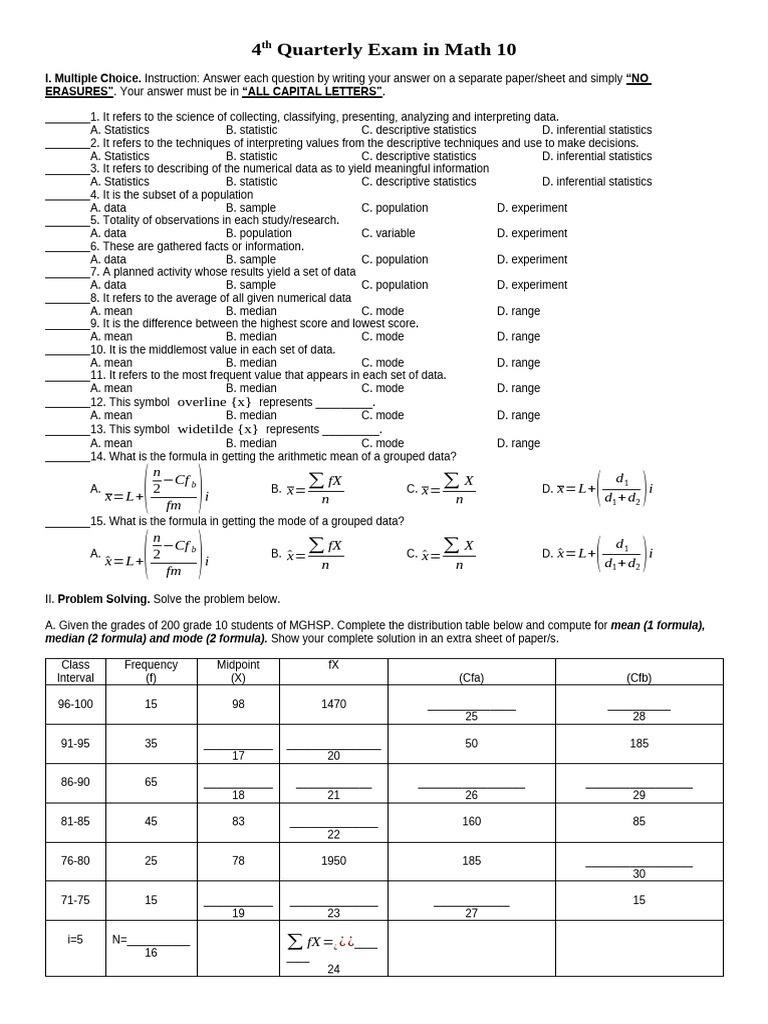 Math 10 Quarterly Exam Questions | PDF | Statistics | Mean