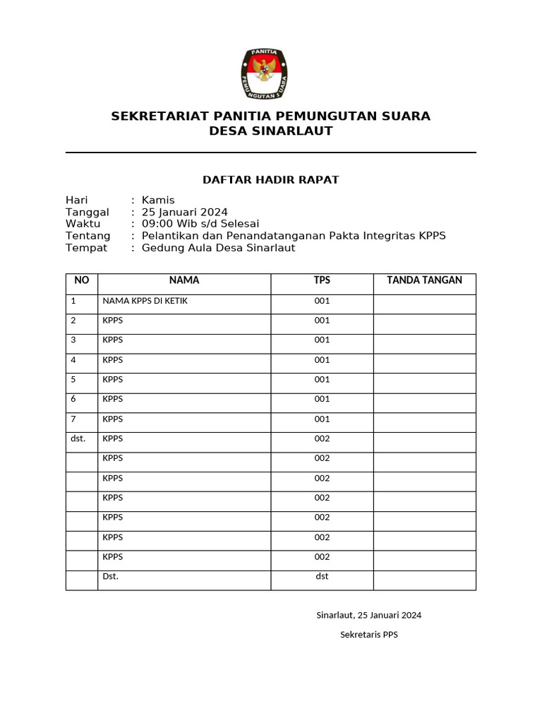 Contoh Daftar Hadir Pelantikan Kpps | PDF