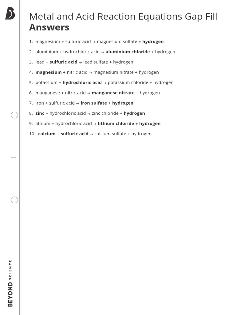 Metal and Acid Reaction Equations | PDF
