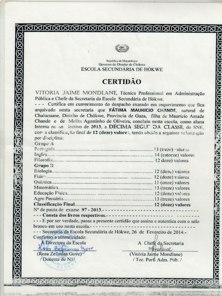 Certificado Da 12a Classe Média, Abrindo | PDF