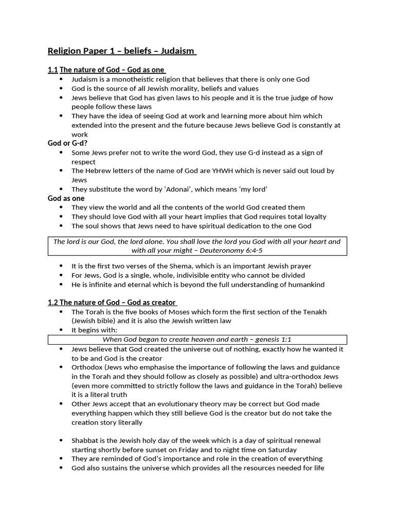 Religion Paper 1 - Beliefs - Judaism | PDF | Abraham | Ten Commandments