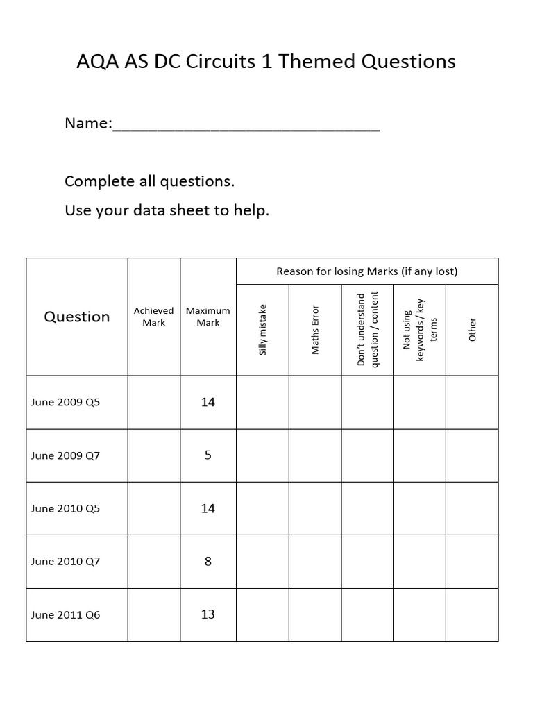 AQA As 1.0 DC Circuits 1 Questions | PDF | Resistor | Quantity