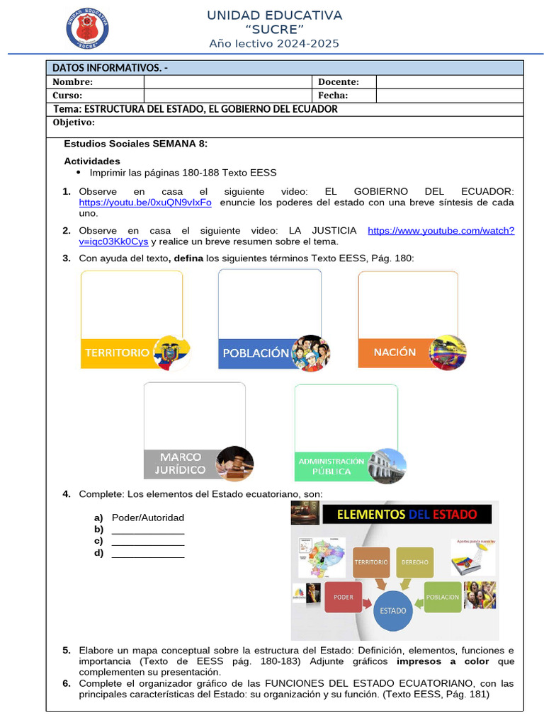 Eess. Ficha de Actividades, Semana 8, Estructura Del Estado, Gobierno Del Ecuador | PDF ...