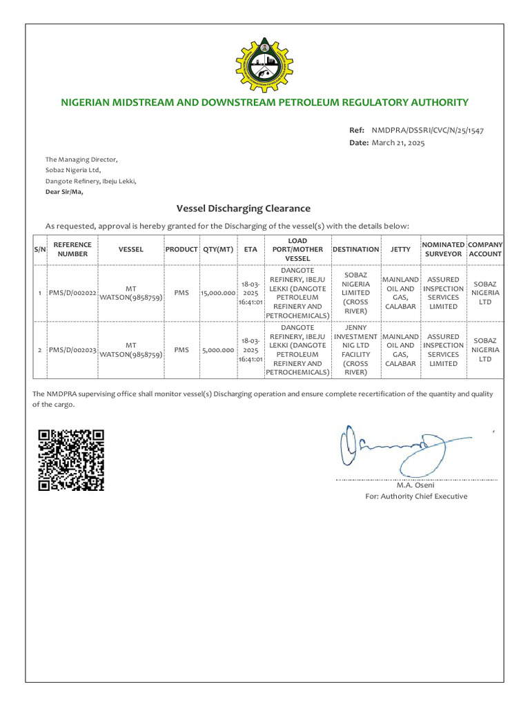 MT Watson Ex DPRP Discharge Clearance | PDF | Oil Refinery ...