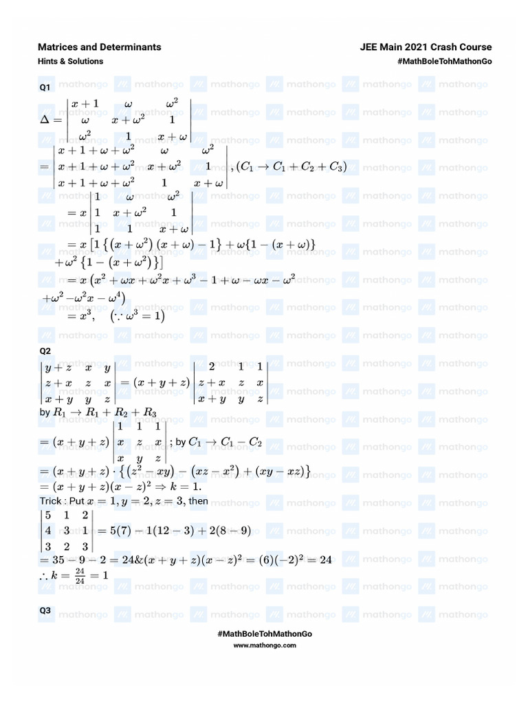 DPP Matrices and Determinants Solution Mathongo | PDF