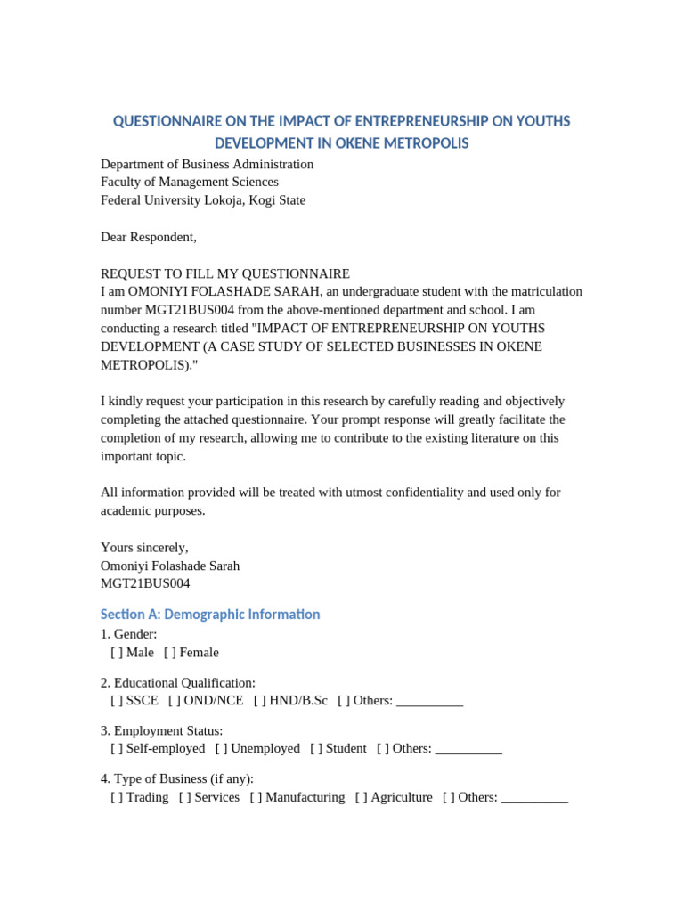 Entrepreneurship Youth Development Questionnaire Omoniyi Folashade ...