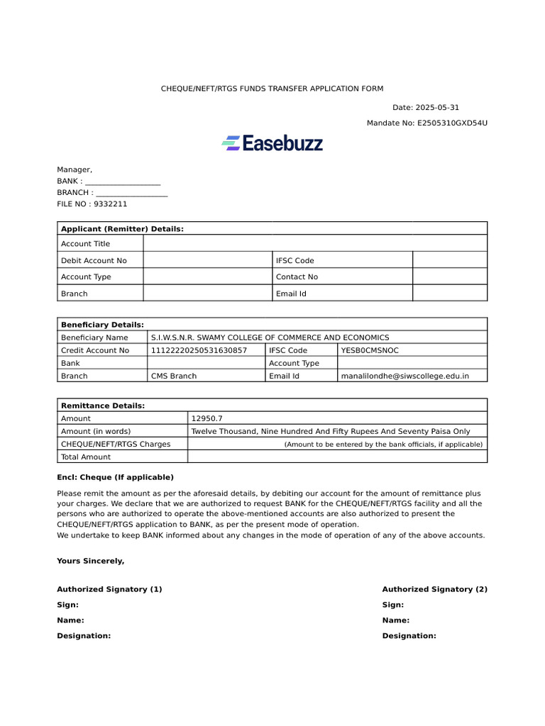 NEFT/RTGS Funds Transfer Application Form | PDF | Banking Technology ...