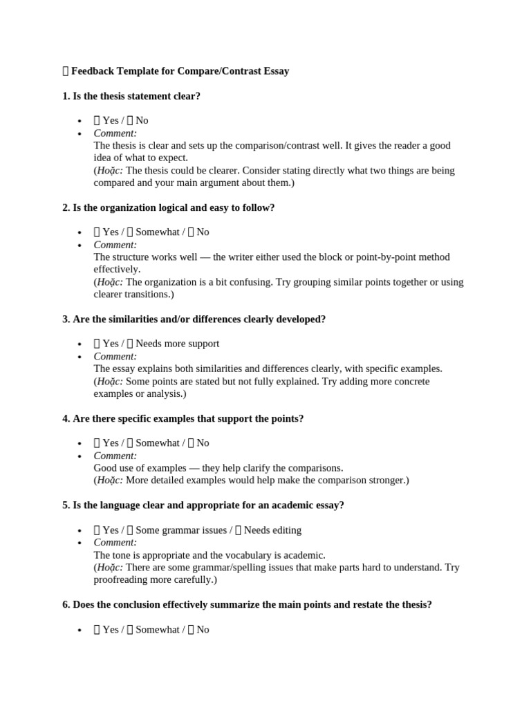Compare/Contrast Essay Feedback Template | PDF