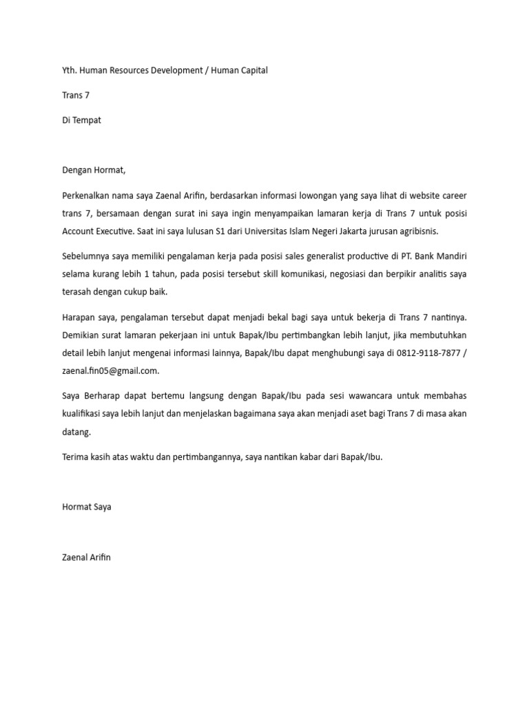 Surat Lamaran Trans 7 | PDF