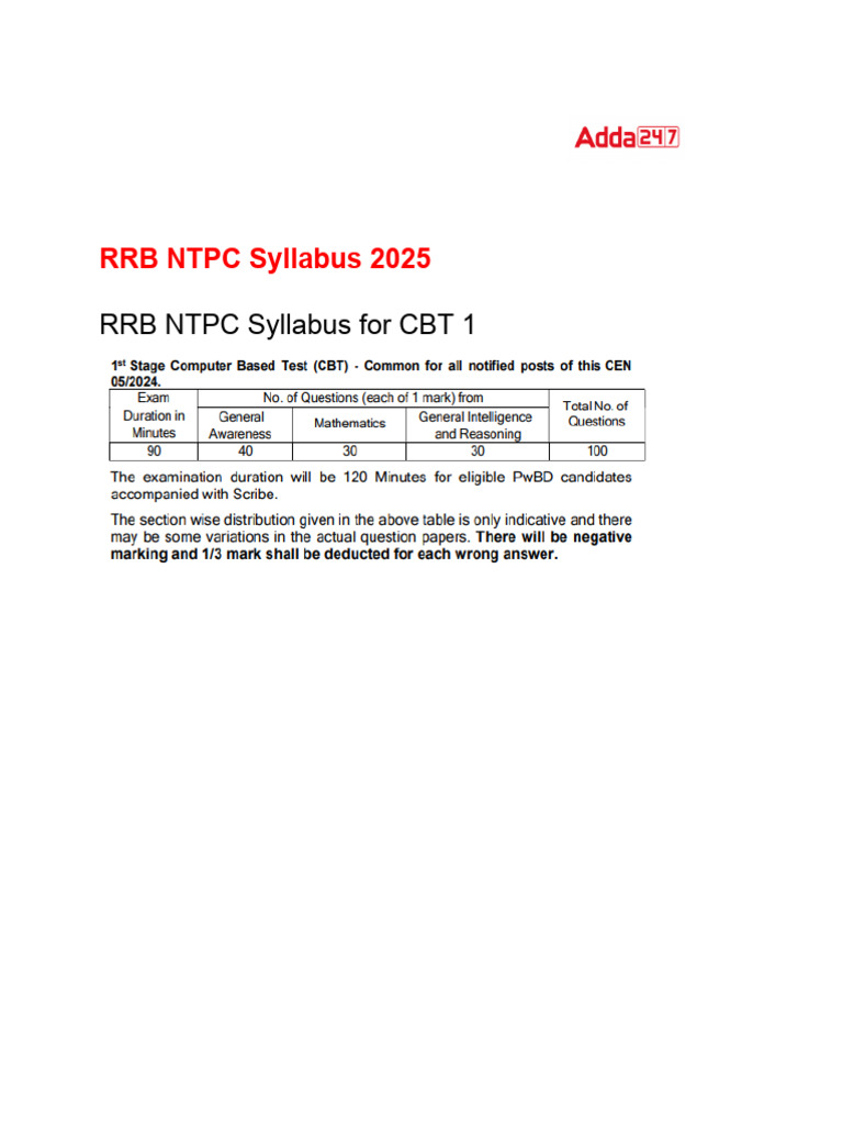 RRB NTPC Syllabus 2025 1 | PDF