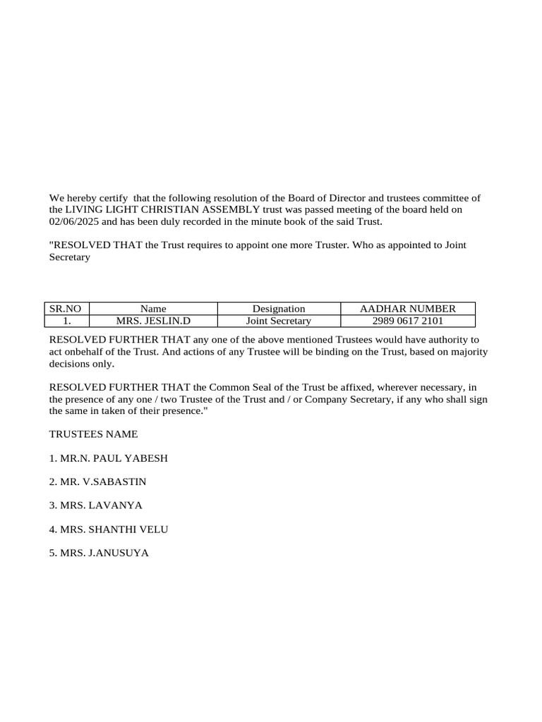 Certified True Copy of the Resolution Passed at Th | PDF