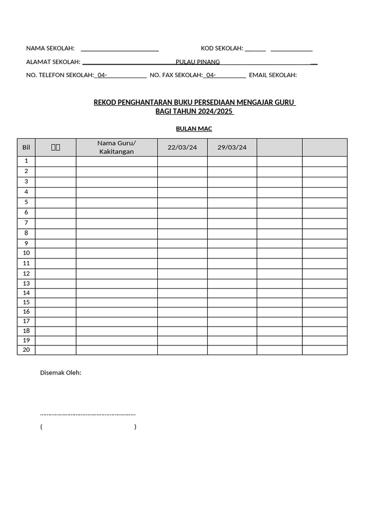 Rekod Penghantaran Buku Persediaan Mengajar 2024 | PDF