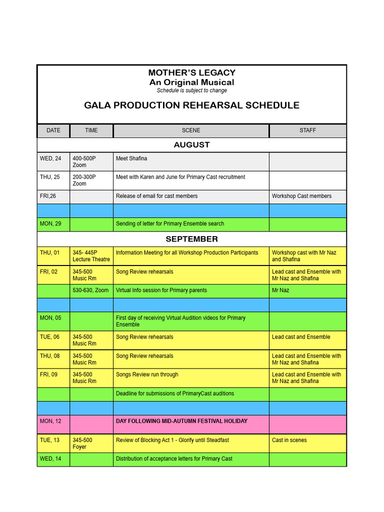 Mother's Legacy Gala Production Rehearsal Schedule-3 | PDF | Performing Arts | Entertainment