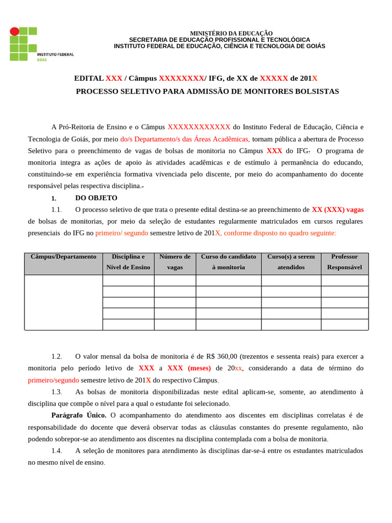 Modelos - Edital e Anexos - Monitoria (Remunerada) | PDF ...