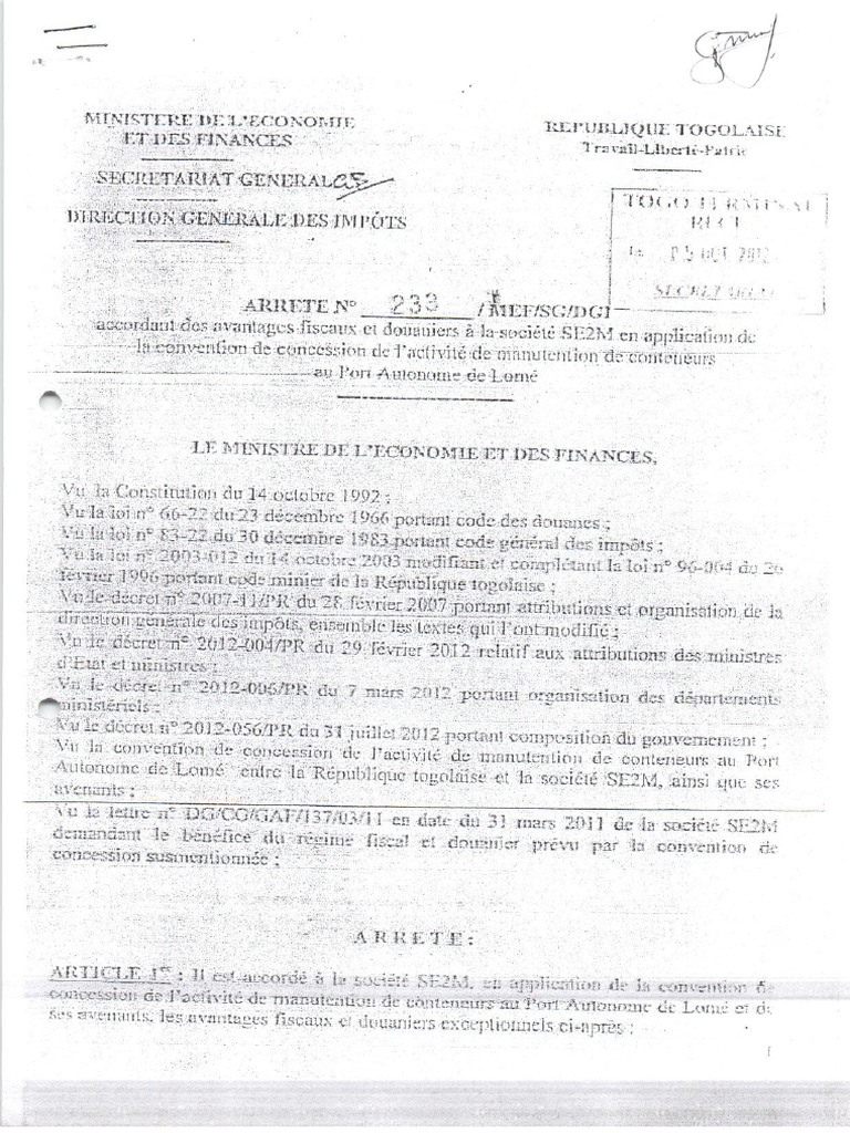 Arrêté N° 233 MEF SG DGI Accordant Des Avantages Fiscaux Et Douaniers À ...