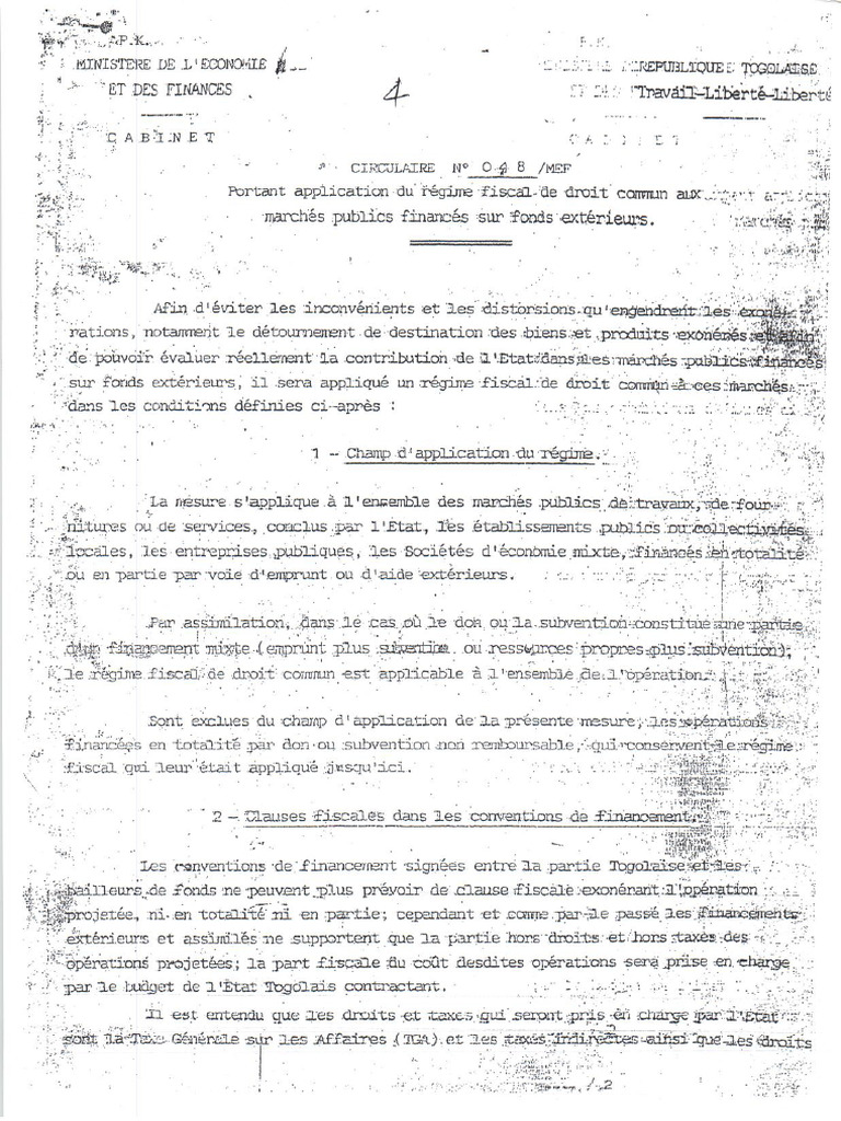 Circulaire 048 MEF Portant Application Du Régime de Droit Commun Aux Marchés Publics Financés ...