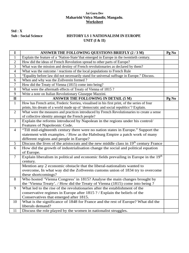 Nationalism in Europe: Social Science Worksheet | PDF | Nationalism ...