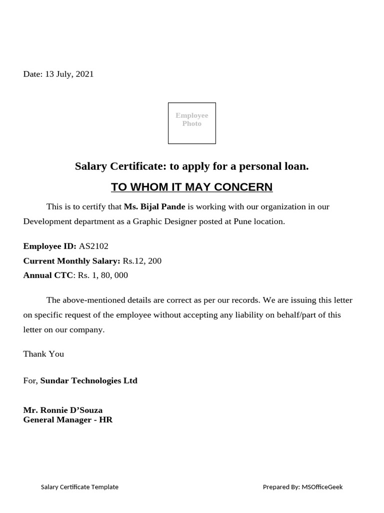 Salary Certificate Format With CTC | PDF