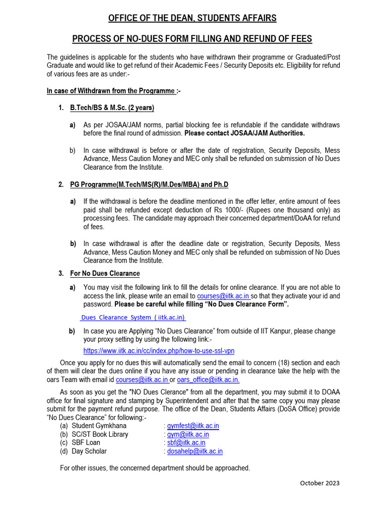 Fees Refund Guidelines No Dues Procedures-05!10!23 | PDF