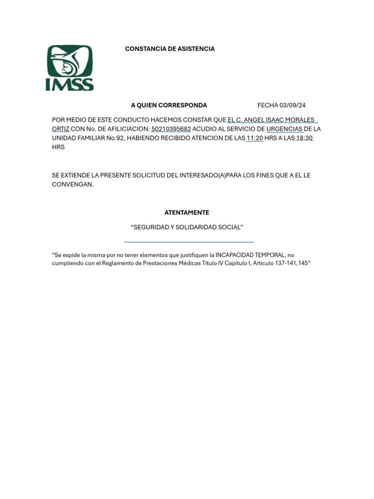 Constancia de Asistencia Imss | PDF