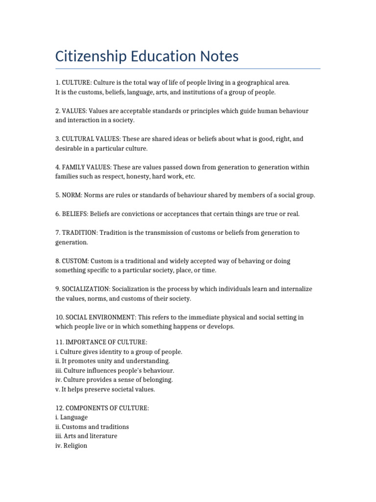 Citizenship Education Notes | PDF | Traditions | Nationalism